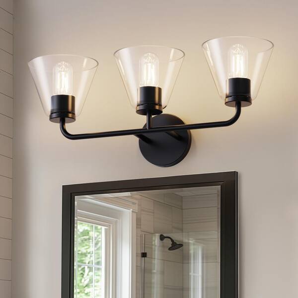 YANSUN 23 in. 3-Light Black Cone Vanity Light with Glass Shades for ...