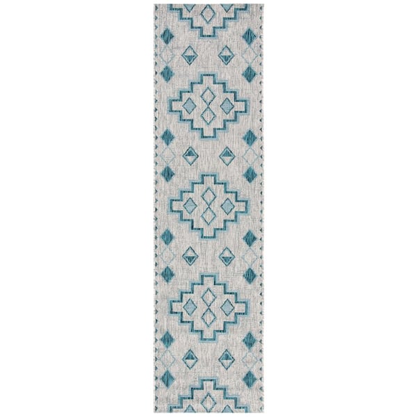 SAFAVIEH Courtyard Gray/Teal 2 ft. x 7 ft. Aztec Tribal Indoor/Outdoor ...