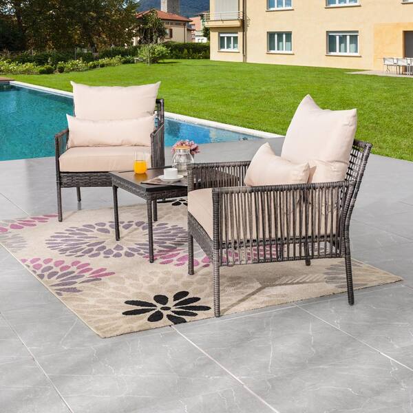 Patio Festival 3-Piece Wicker Outdoor Conversation Set with Beige ...