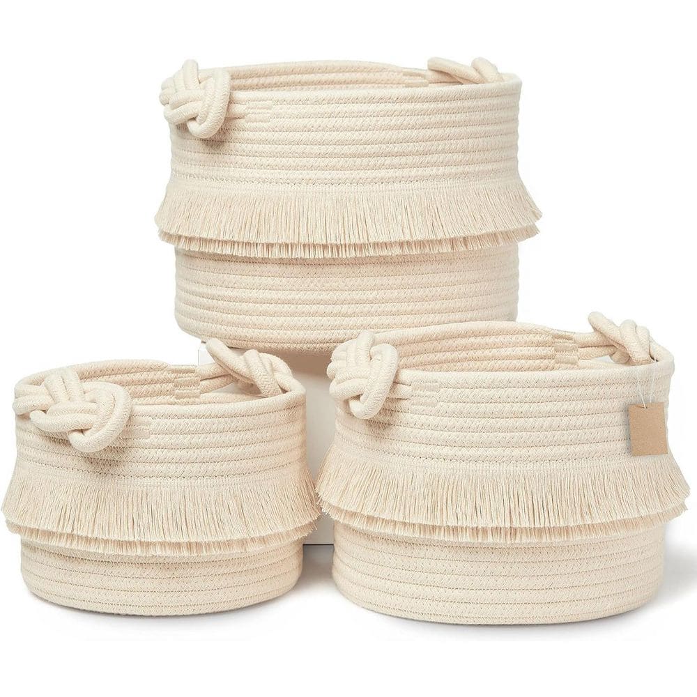 Beige 9.5 in. x 7 in. Cotton Decorative Basket Set of 3 Z0B4JLDZJ5 ...