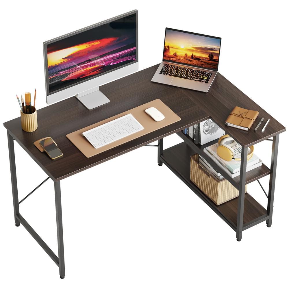 Bestier 47 in. Small L-Shaped Computer Desk with Storage Shelves Brown ...