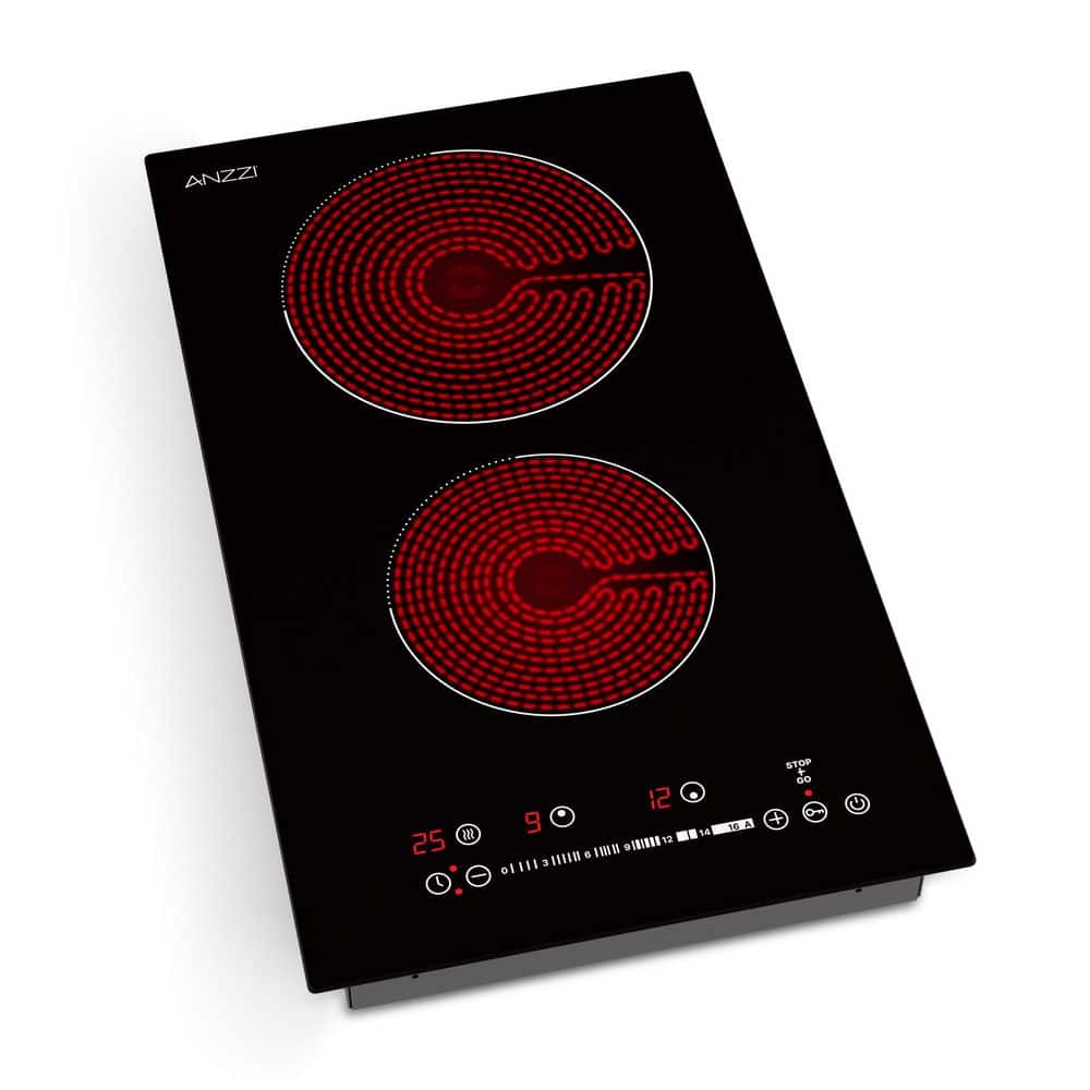 ANZZI 12 in. Electric 2 Element Cooktop in Black Glass with Dual-Zone ...