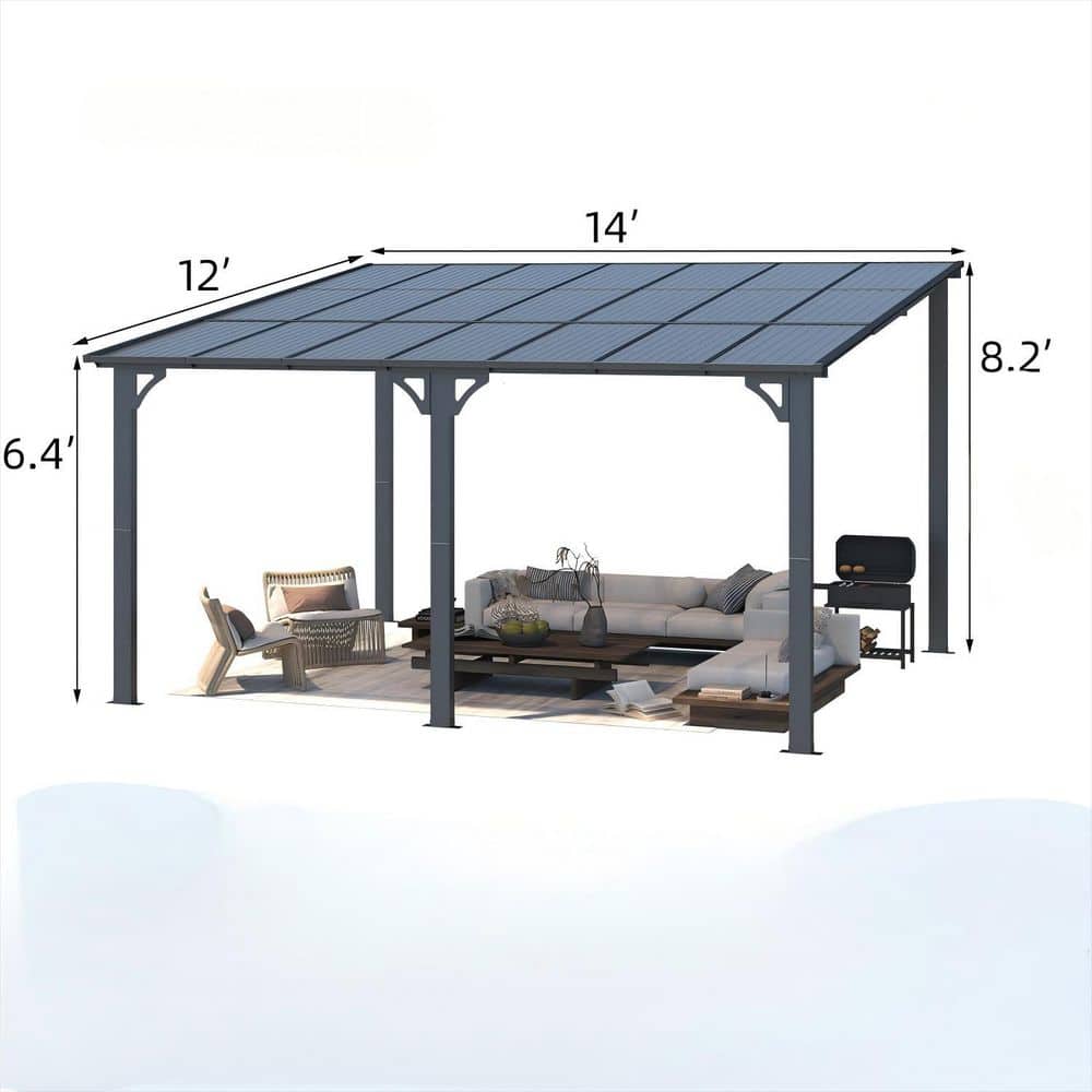 Clihome 12 ft. x 14 ft. Gray Aluminum Patio Cover Wall-Mounted Outdoor ...