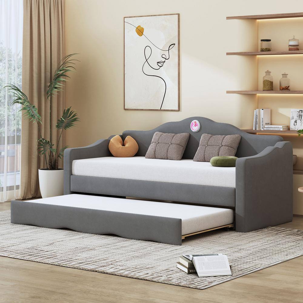 Nestfair Gray Twin Size Upholstered Daybed with Wave-Shaped Trundle ...