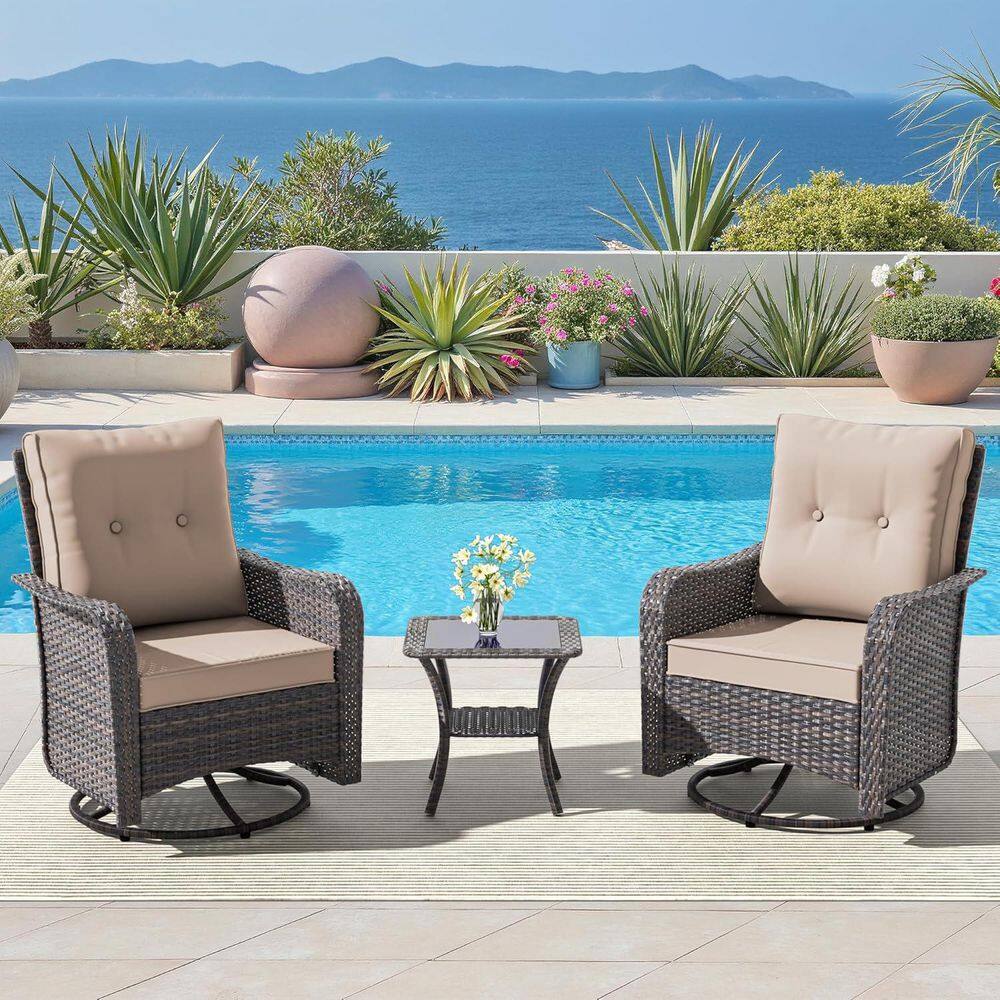 Zerpod 3-Piece Wicker Outdoor Rocking Chairs Set with Swivel, 1 Glass ...