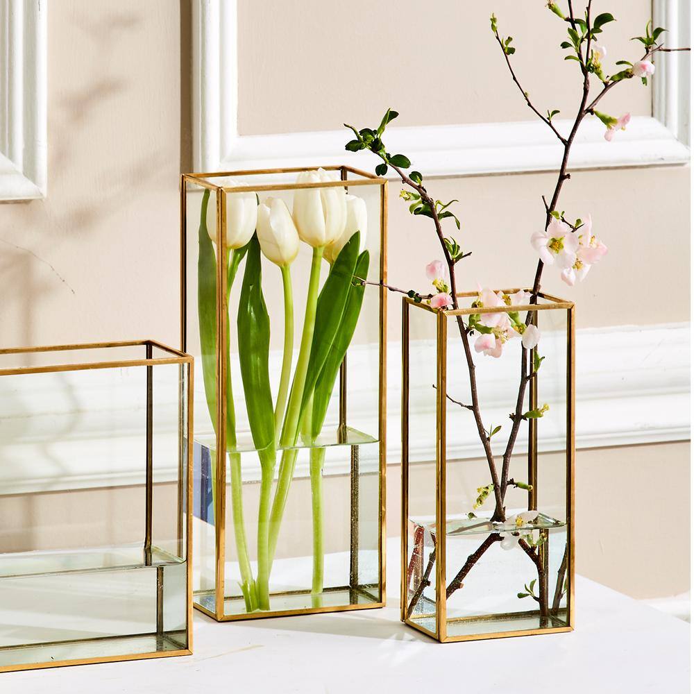 Two's Company Windows Clear Glass/Metal Square Vases with Gold Metal ...