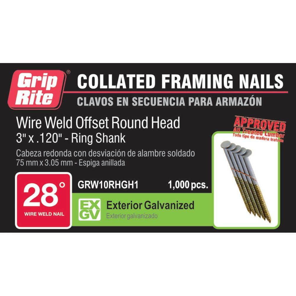 Grip-Rite 3 in. x 0.120 in. 28° Wire Collated Exterior Galvanized ...