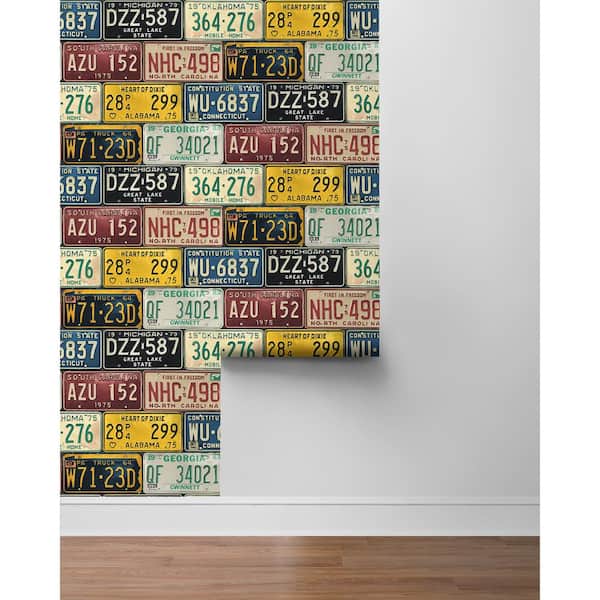 NextWall Multicolored License Plates Vinyl Peel and Stick Wallpaper ...