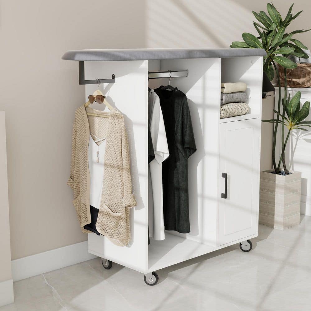 Noble House Mighty White Wood 40.6 in. Multipurpose Ironing Cabinet ...