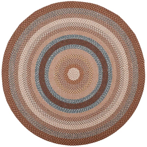 SAFAVIEH Braided Brown/Multi 9 ft. x 9 ft. Border Geometric Round Area ...