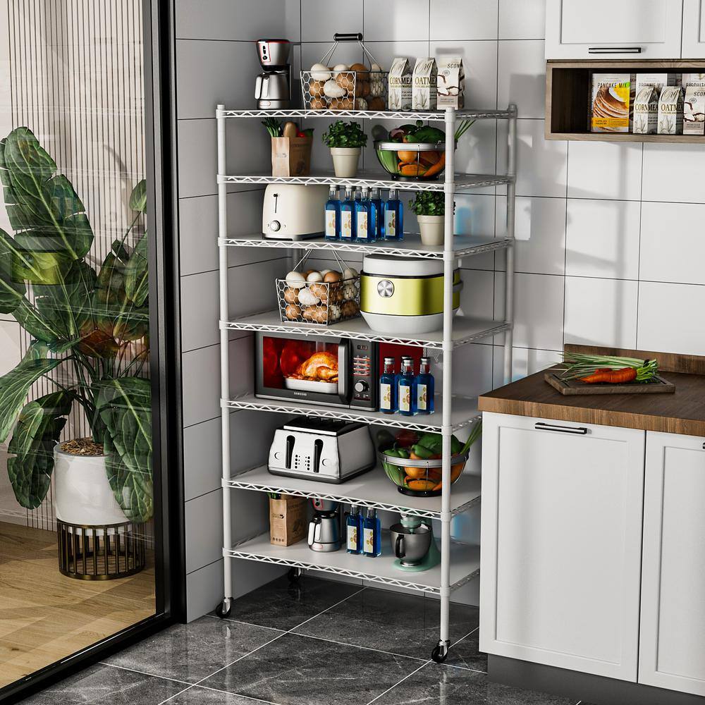 FUNKOL 7-Layer Metal White Kitchen Organizers Storage Rack with Wheels ...