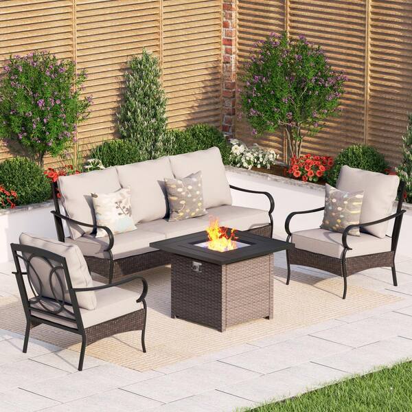 PHI VILLA Black Rattan 4-Piece Steel Outdoor Patio Conversation Set ...