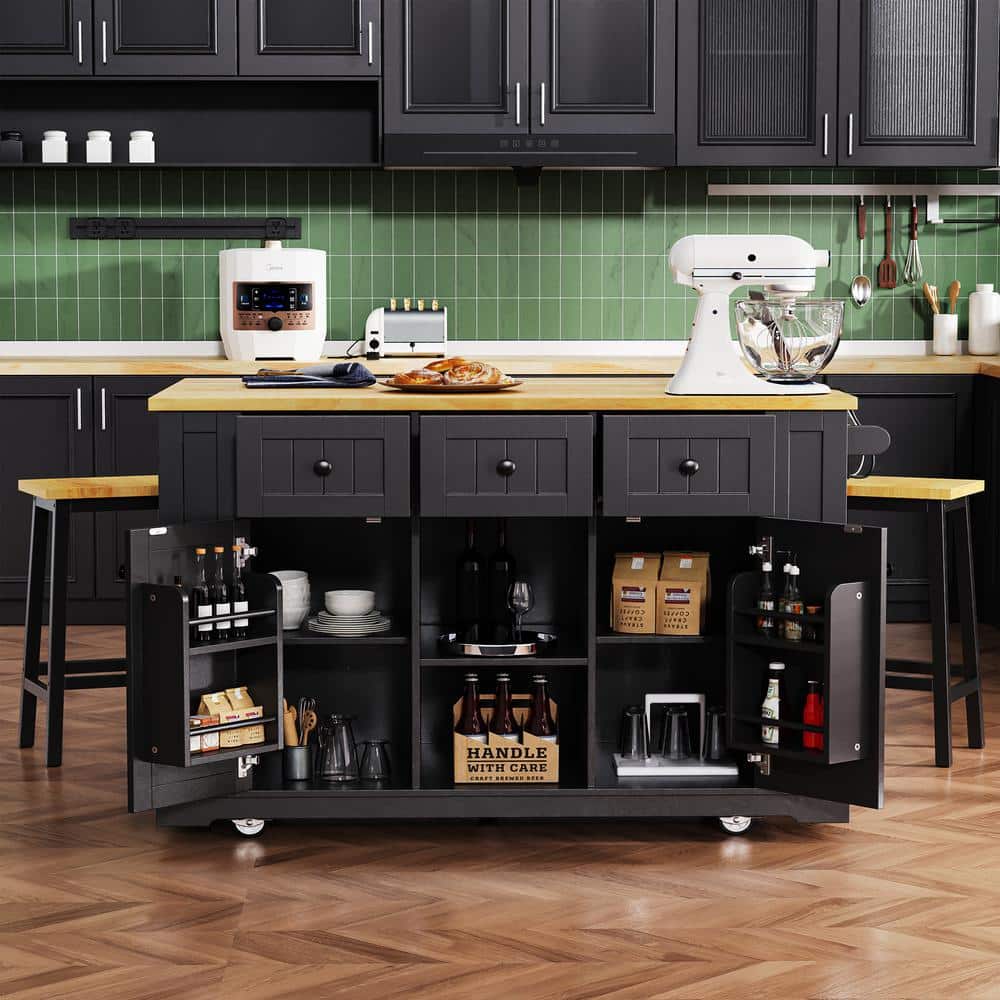 Xspracer Oasis Black Wood 53 in. Kitchen Island with 2 Bar Stools, Power Outlet, Door Internal ...