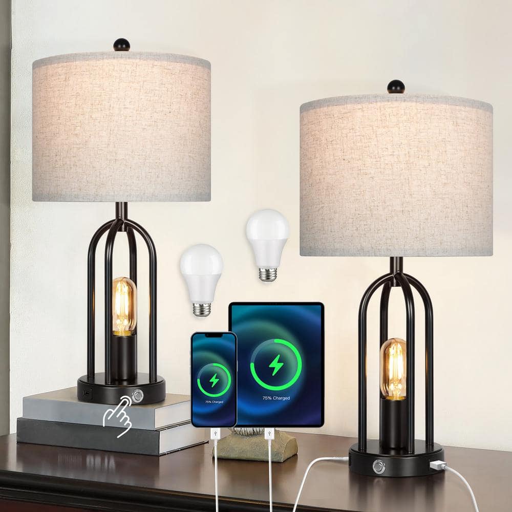 BICIK 22 in. Black Bedside Table Lamp Set with USB Port and Nightlight ...