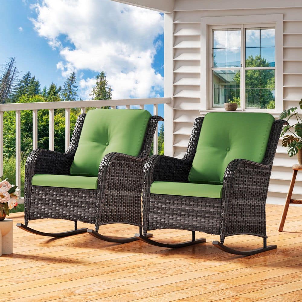 JOYSIDE Wicker Outdoor Rocking Chair Patio with Green Cushion (2-Pack ...