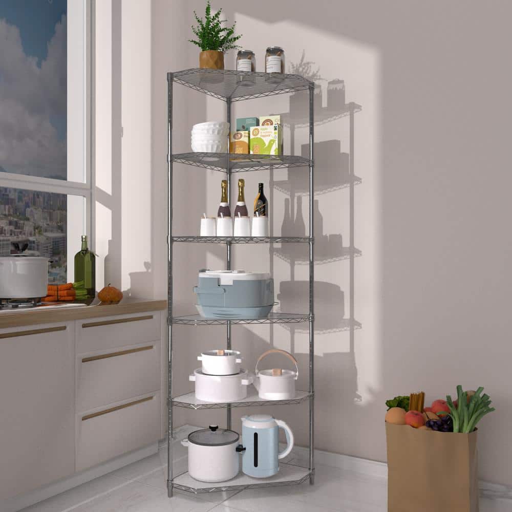 FUNKOL 6-Tier Heavy Duty Steel Wire Corner Shelving Unit in Chrome (20 ...