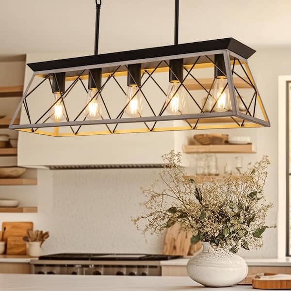 YANSUN 5-Light Black and Oak White Farmhouse Chandelier, Rustic Vintage ...