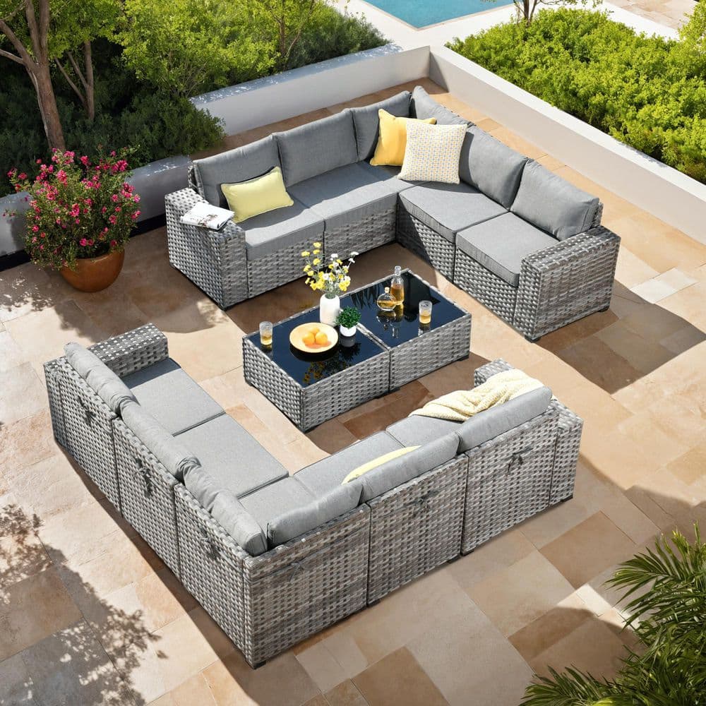 XIZZI Beatrice 12-Piece Wicker Outdoor Sectional Set with Dark Gray ...