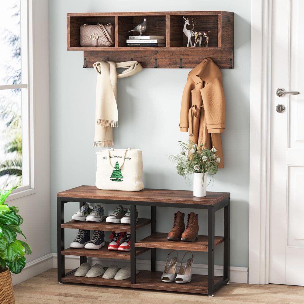BYBLIGHT Carmalita Brown Wood Shoe Storage Bench Shoe Rack Set 3 ...