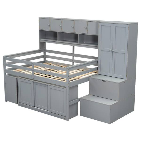 Polibi Gray Full Size Wood Loft Bed with Under-bed Desk, Drawers, Shelves RD14-19545AAE - The ...