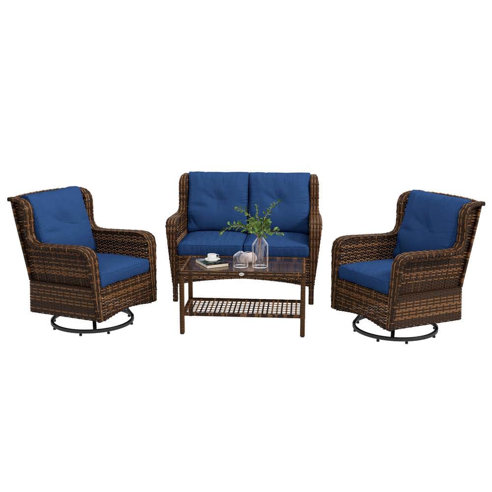 Outsunny Dark Blue 4-Piece Wicker Patio Conversation Set with Dark Blue ...
