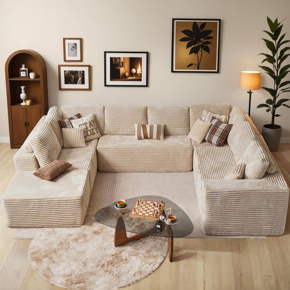 Allwex VH 135 in. Wide Arm 5-Piece Modern Plush Corduroy U-Shape ...
