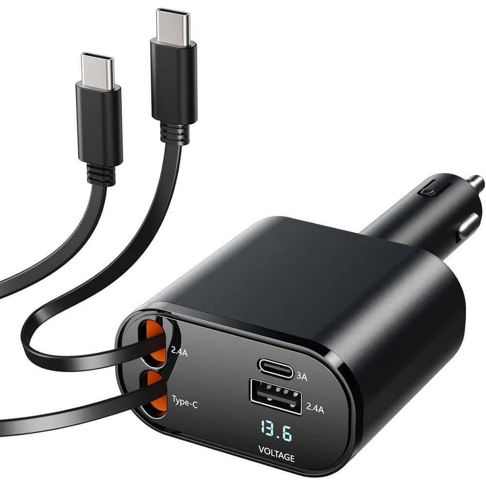OBJLGEV 4 in 1 Retractable Car Charger Adapter Super Fast Charge 66W ...