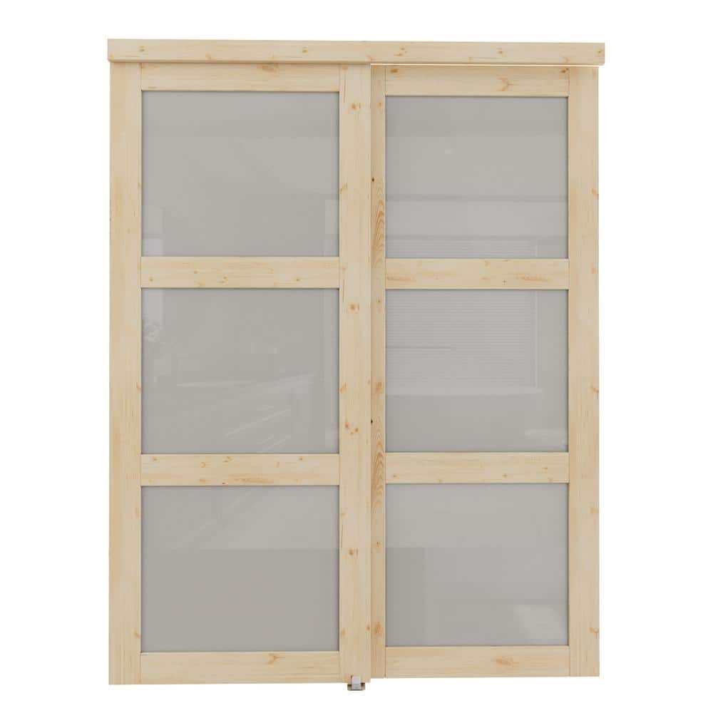 EH PUERTA 60 in. x 80 in. 3-Lite Frosted Glass Primed White Pine Wood ...