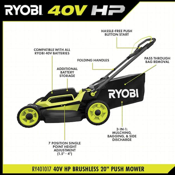 RYOBI 40V HP Brushless 20 in. Cordless Walk Behind Push Mower w ...