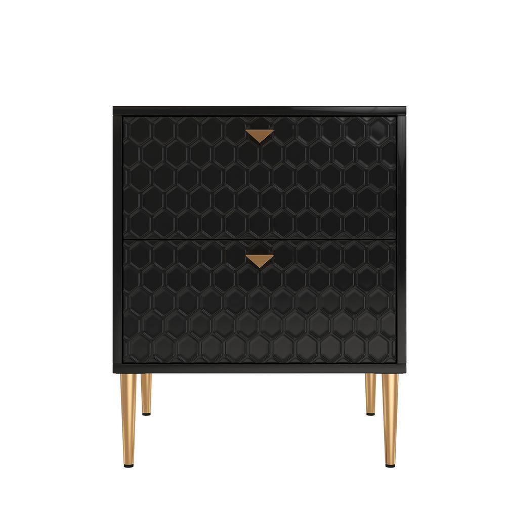 Boyel Living Hexagonal Pattern 2-Drawer Black High Gloss Nightstand ...