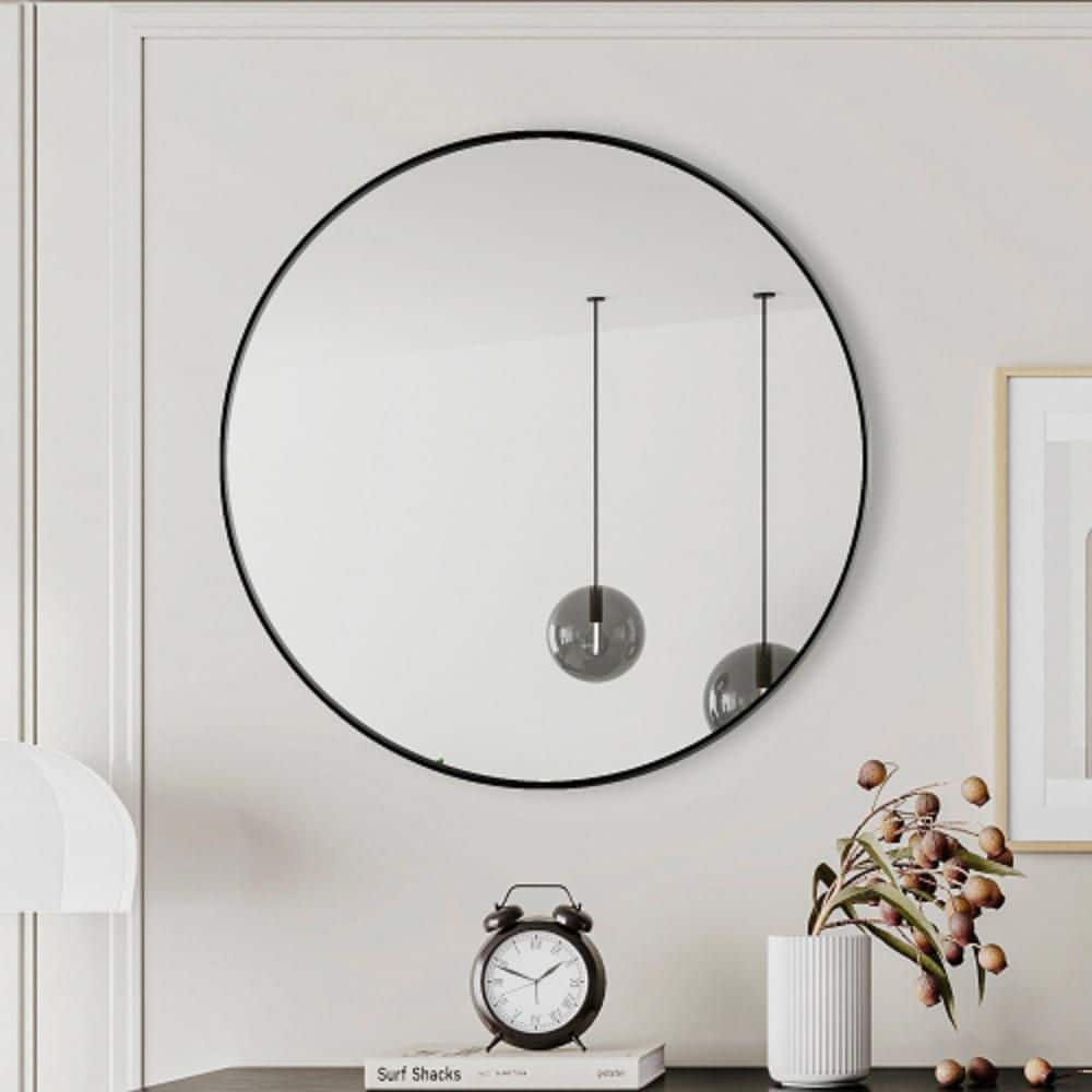 Black 28 in W x 28 in. H Round Metal Framed Mirror with Electroplate ...