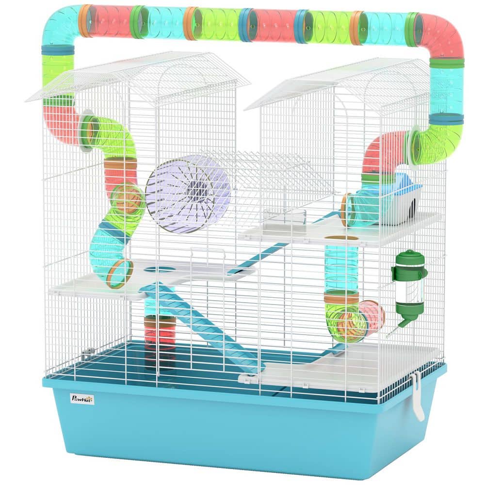 PawHut Large Hamster Cage, 4 Tier Gebril Cage with Tubes, Exercise Wheel, Hut, Water Bottle ...