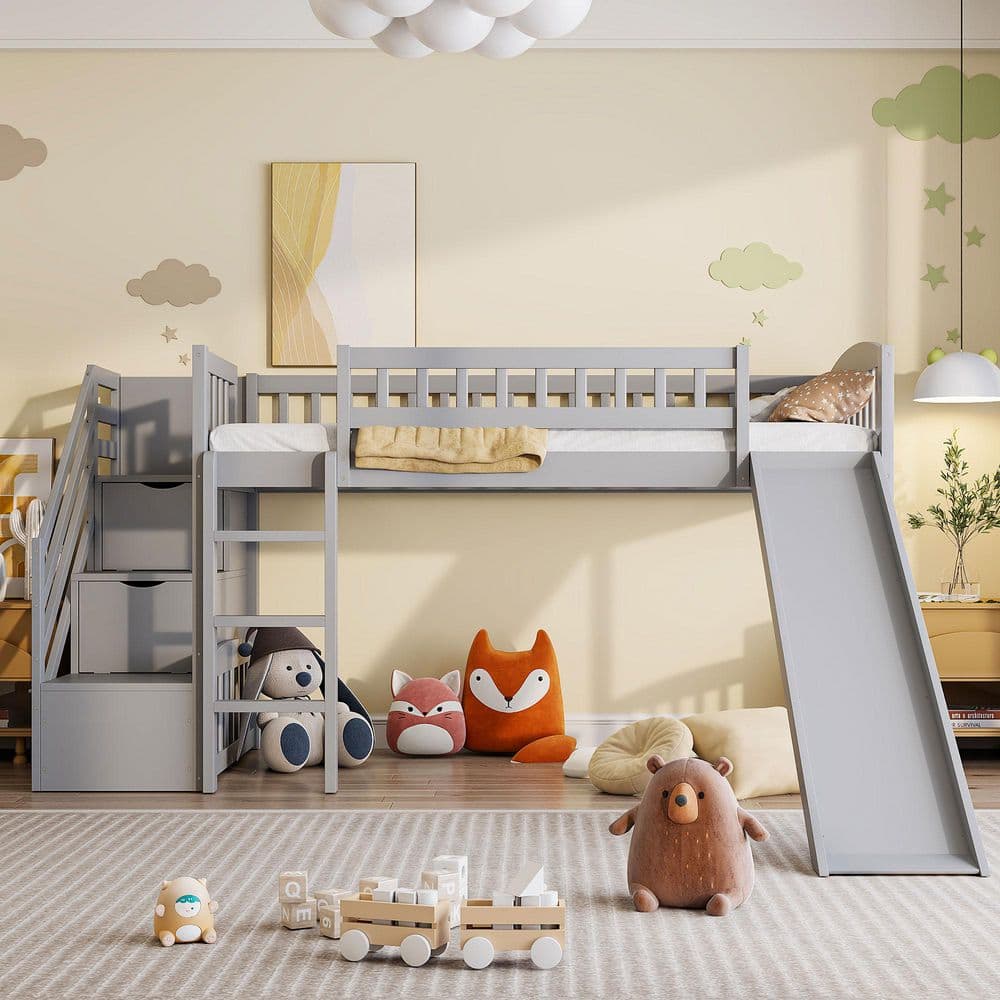 Harper & Bright Designs Gray Wood Frame Twin Size Loft Bed with Slide ...