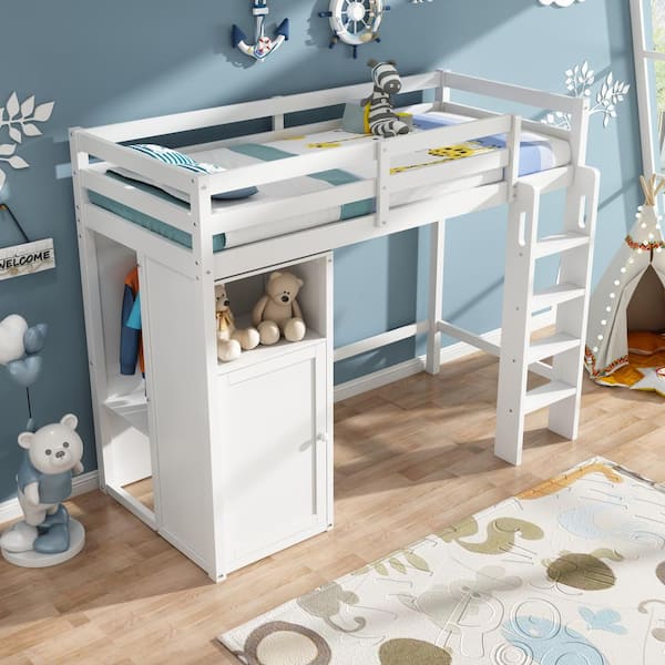 Polibi White Twin Loft Bed with Wardrobe, Storage Shelves and Ladder RS ...