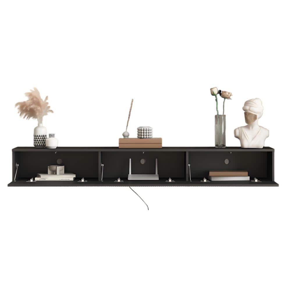 Black 68.8 in. Wood Decorative Stand / Wall Mounted TV Stand with 16 ...