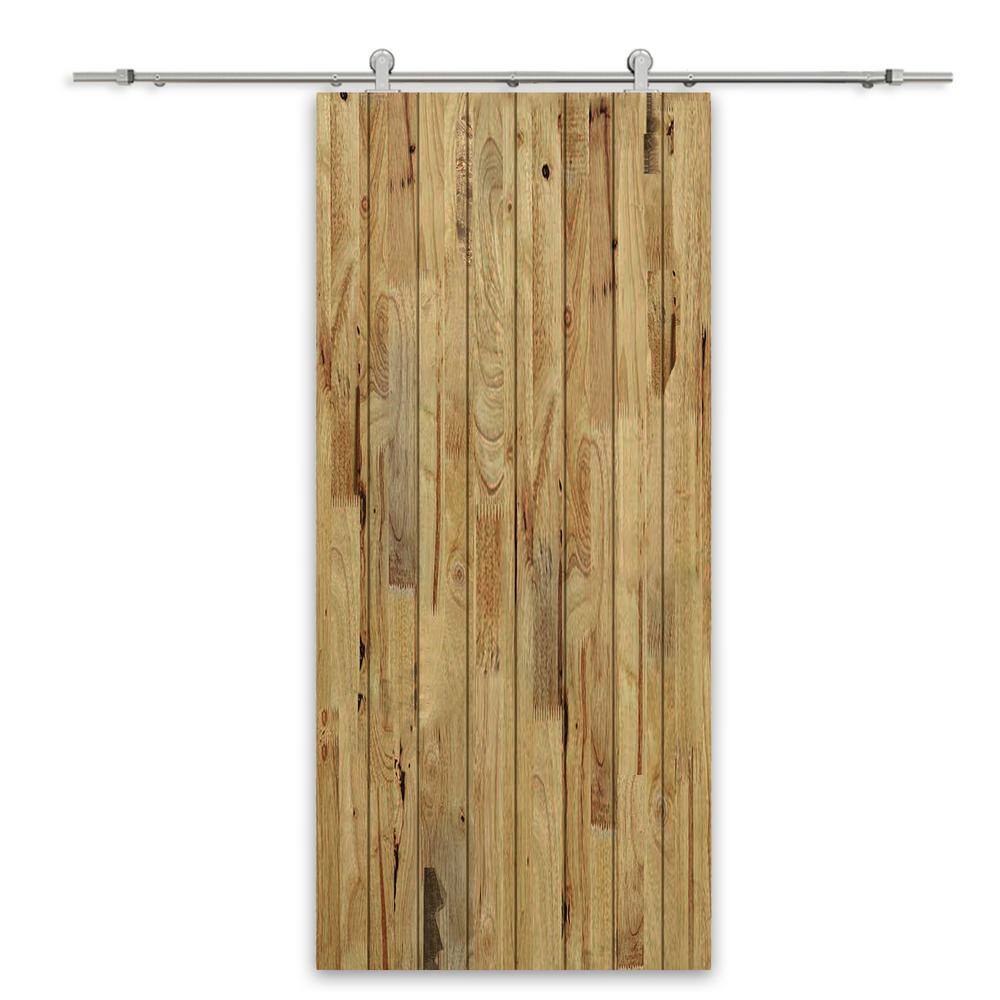 CALHOME 40 in. x 80 in. Weather Oak Stained Pine Wood Modern Interior Sliding Barn Door with ...