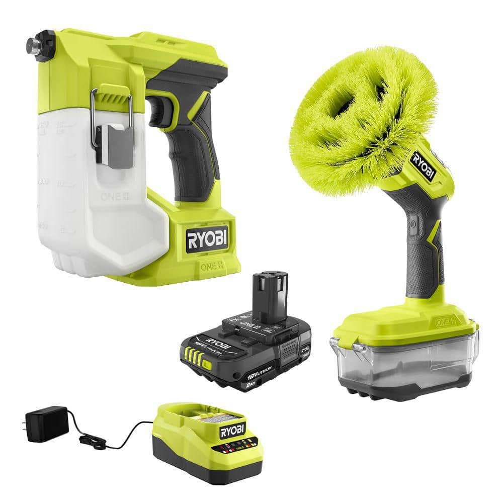 RYOBI ONE+ 18V Cordless Compact Power Scrubber Kit with 2.0 Ah Battery ...