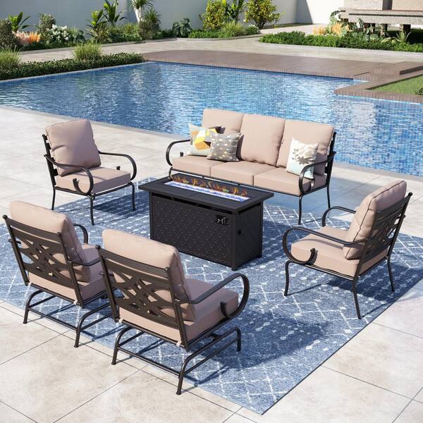 PHI VILLA Black Metal 7 Seat 6-Piece Steel Outdoor Fire Pit Patio Set ...