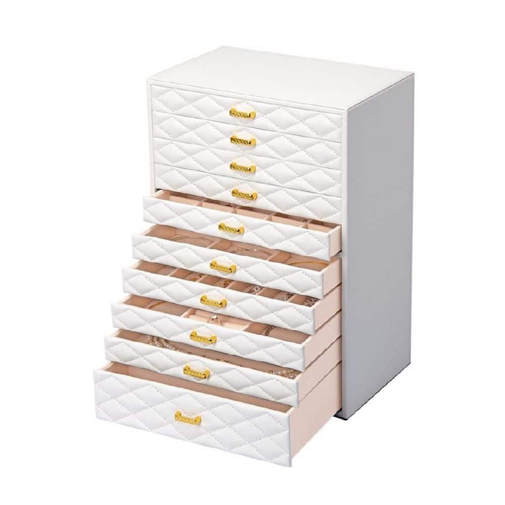 10-Layer 10"D x 6"W x14"H White Rectangular Faux Leather Jewelery Box HDC584BX16 - The Home Depot