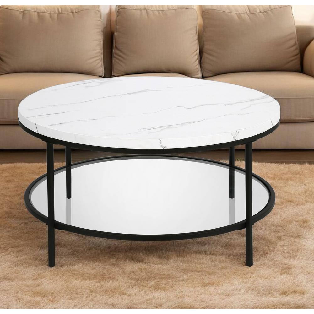 HomeRoots 36 in. Black Round Faux Marble Coffee Table with Shelves ...