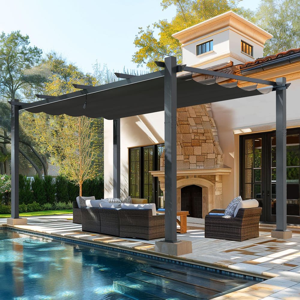 VEIKOUS 16 ft. W x 12 ft. D Aluminum Pergola Outdoor with Dark Gray ...