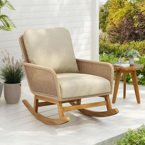 Modern Minimalist Wicker Outdoor Rocking Chair with Beige Soft ...