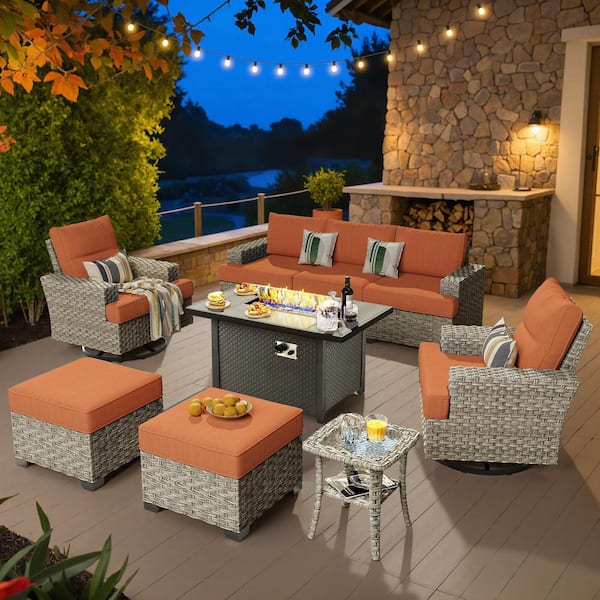 XIZZI Verve 9-Piece Wicker Rectangular Fire Pit Sets and Swivel Rocking ...