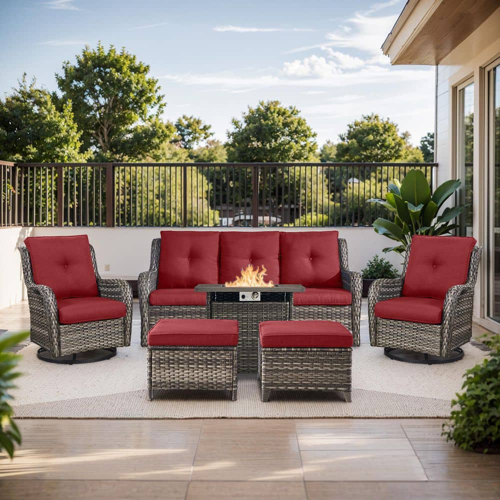 moosprr Arcline 6-Piece Gray Wicker Outdoor Chat Sets with Olefin Red ...