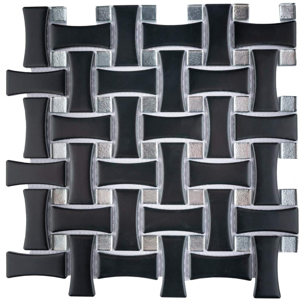Merola Tile Metro Dog Bone Basketweave Matte Black with Glass Silver ...