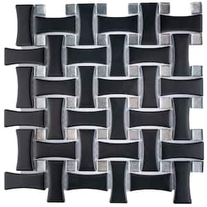 Merola Tile Metro Dog Bone Basketweave Matte Black with Glass Silver ...