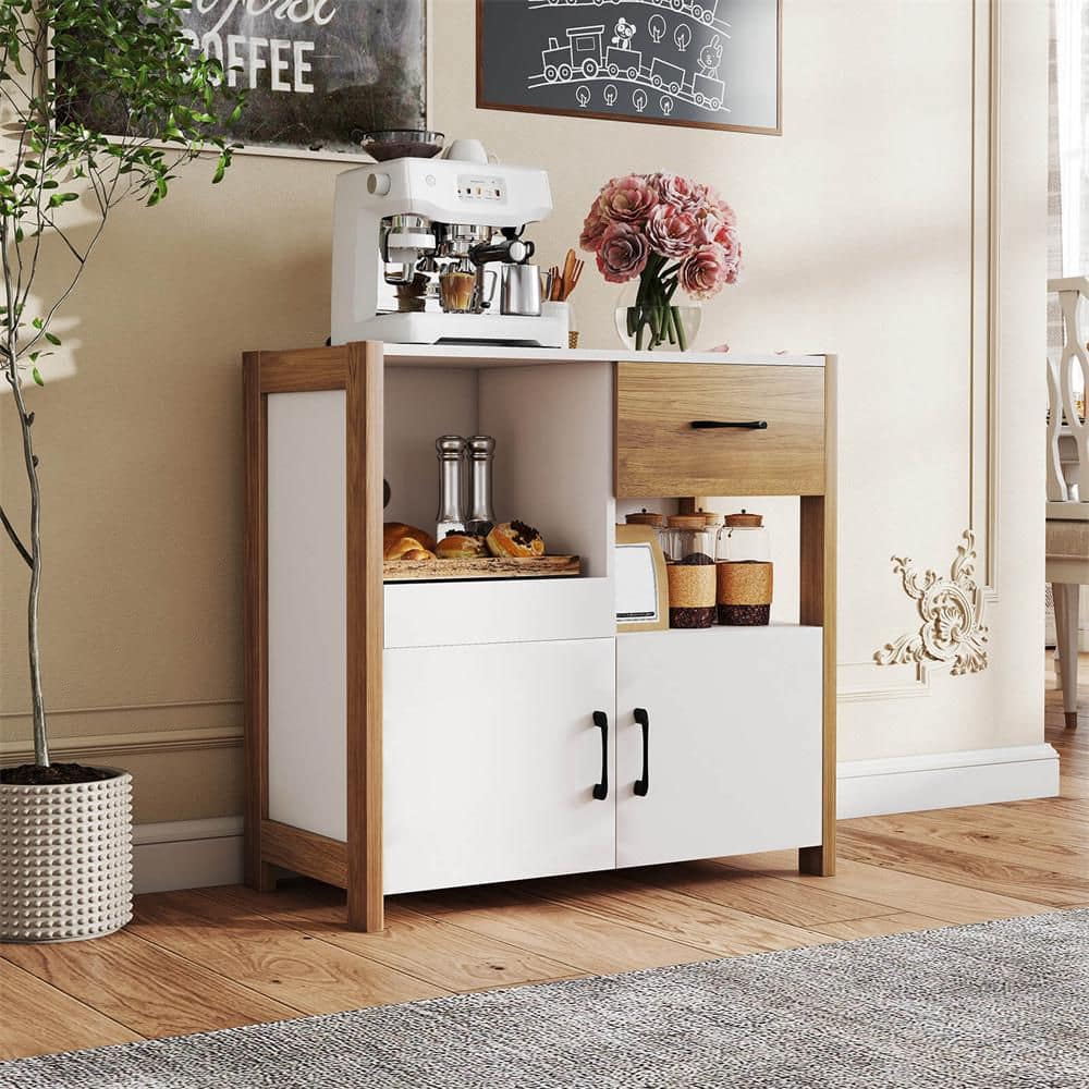 Costway White MDF Kitchen Storage Buffet with Drawer, Pull-Out Shelf ...