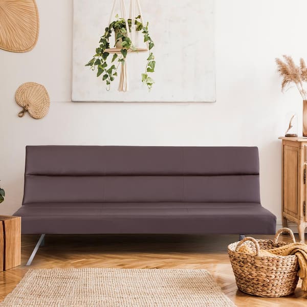 HOMESTOCK Espresso Futon Sofa Bed Faux Leather Futon Couch Modern Convertible Folding Sofa Bed Couch With Chrome Legs 98831