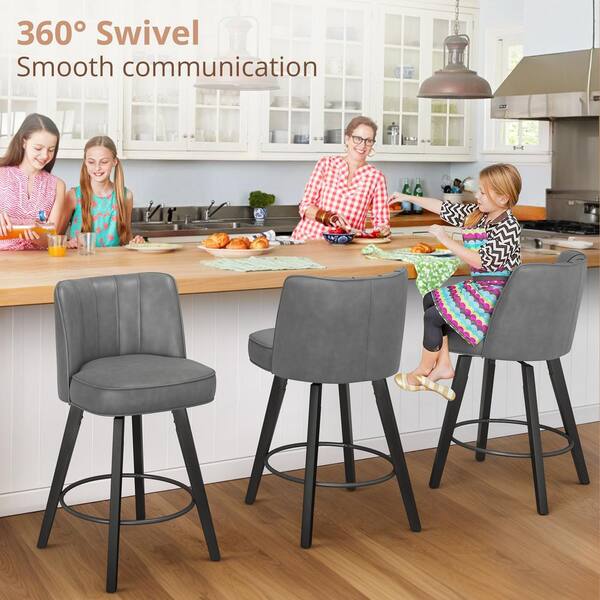 LUE BONA Paul 26 in. Dark Gray Modern Faux Leather 360 Swivel High Back Barstool Upholstered Solid Wood Counter Height stool BL DGRAY 1
