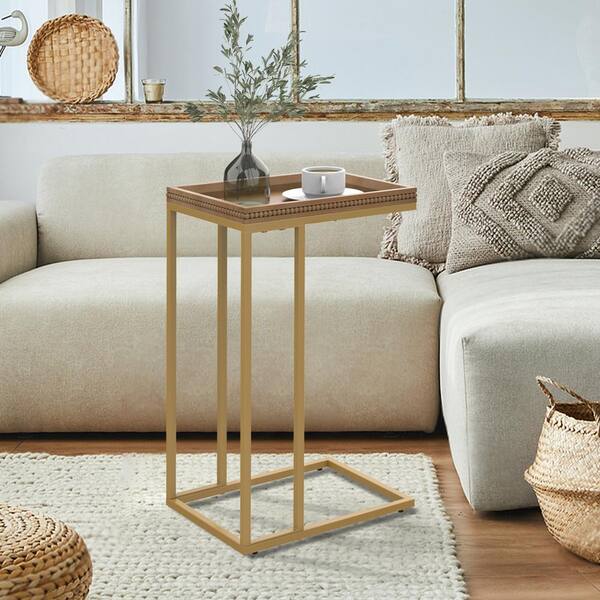 12 in. Natural Wood C Shaped Gold End Table with Metal Frame